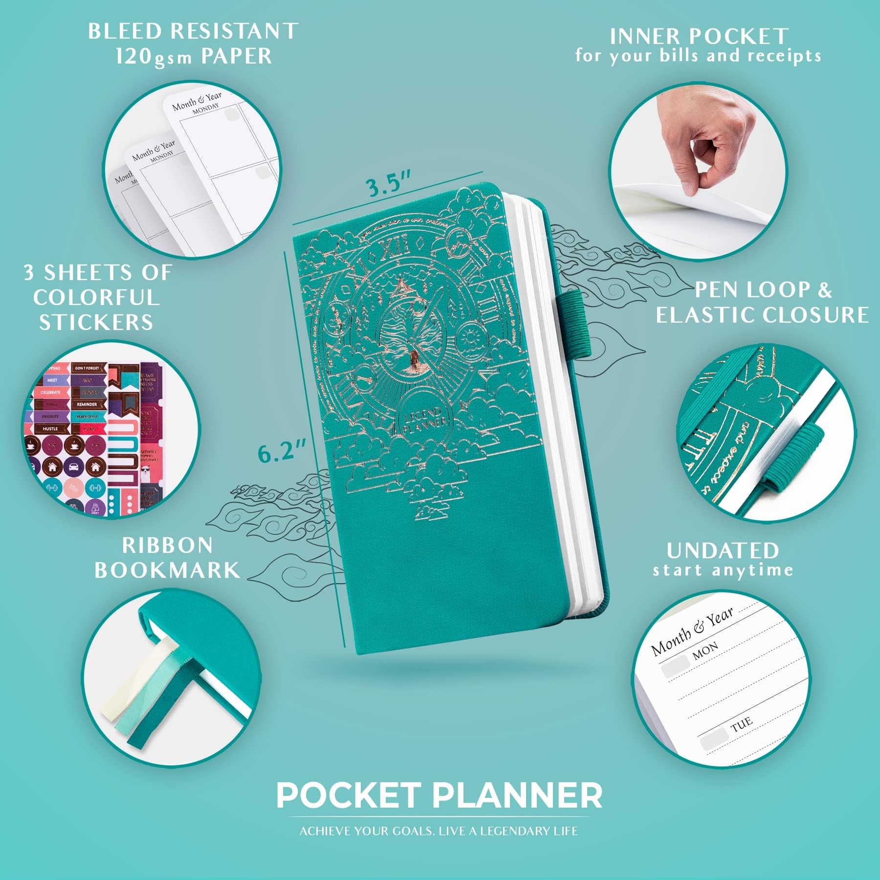 Legend Planner Pocket β Small Undated Monthly & Weekly Goal Journal and Calendar for Productivity, Mini Life Organizer Planner Perfect for Purse, Size: 3.5" x 6.2" Hardcover β Viridian Green