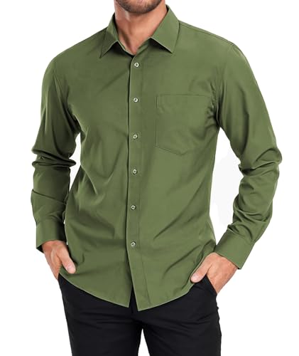 Men's Casual Button-Down Shirt Long Sleeve Regular Fit Dress Clothes Collared Plain Green XL Camisa De Hombre De Vestir