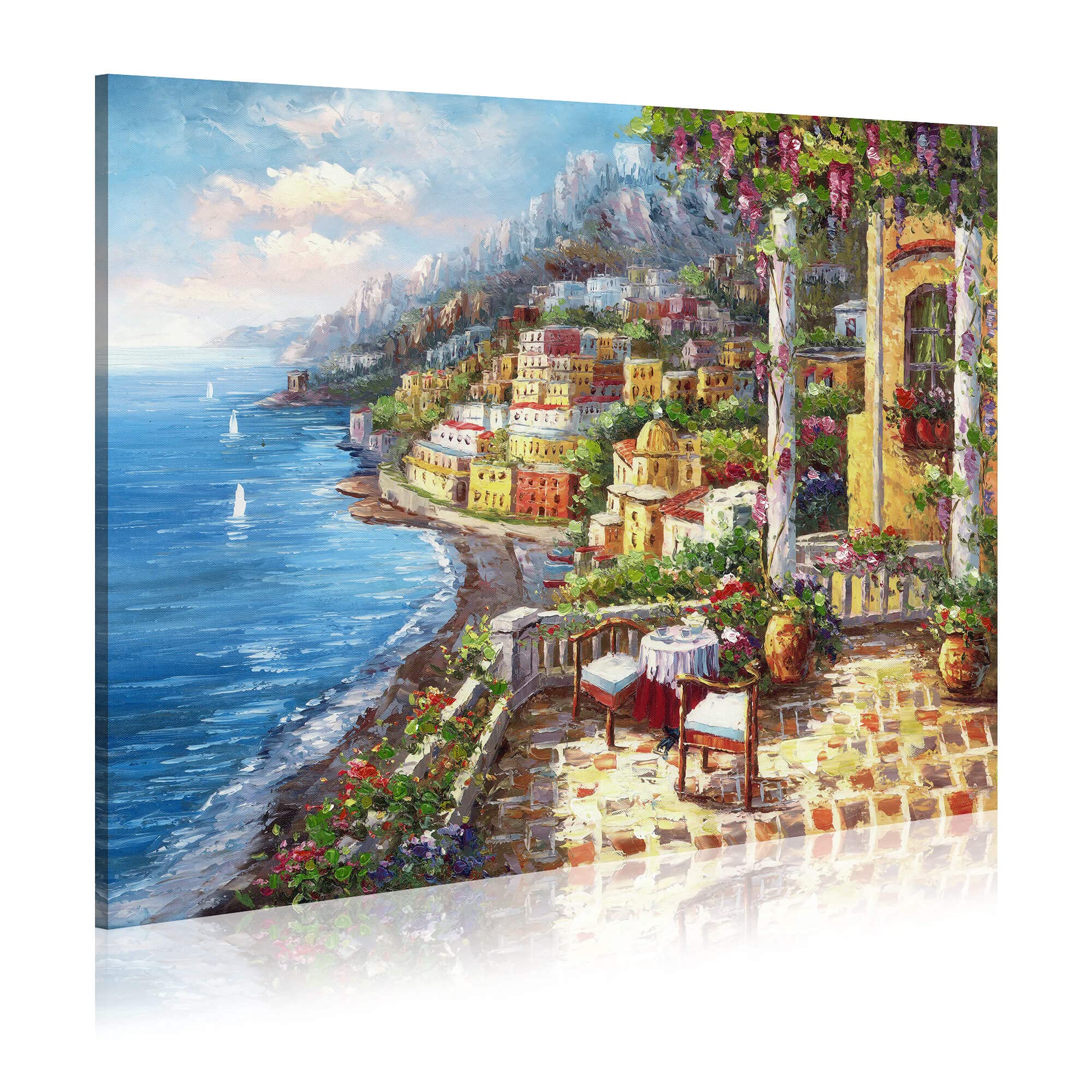 Italy Painting Oil Canvas Wall Art: Mediterranean Cityscape Artwork Italian Sea Picture Modern City Street Decoration Landscape Prints for Paris Cafe Room Decor