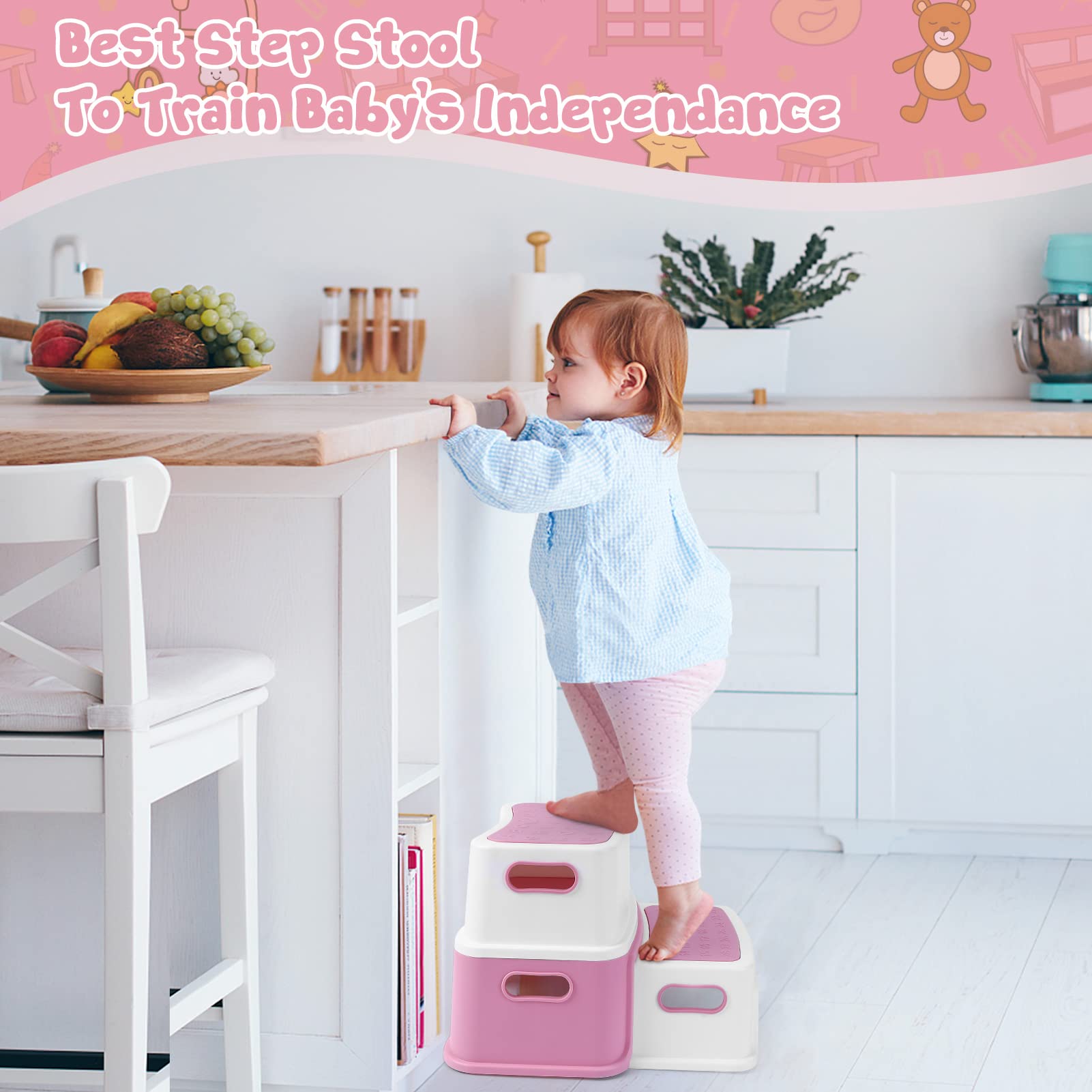 Ronipic 2 Step Stools for Kids, Toddler Step Stool for Toilet Potty Training, Anti-Slip Potty Stools with Numbers/ABC, Bathroom Step Stool for Kitchen