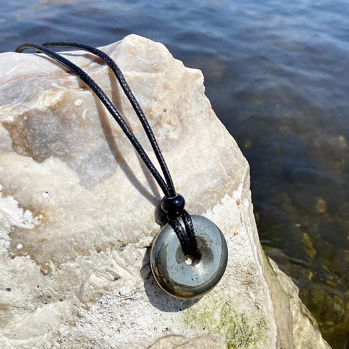 Magic Human Pyrite Crystal Stone - Authentic Gemstone Necklace - Lucky Coin-Shaped Donut Pendant - Crystals and Healing Stones - Protection Powers Amulet - Handmade Jewelry