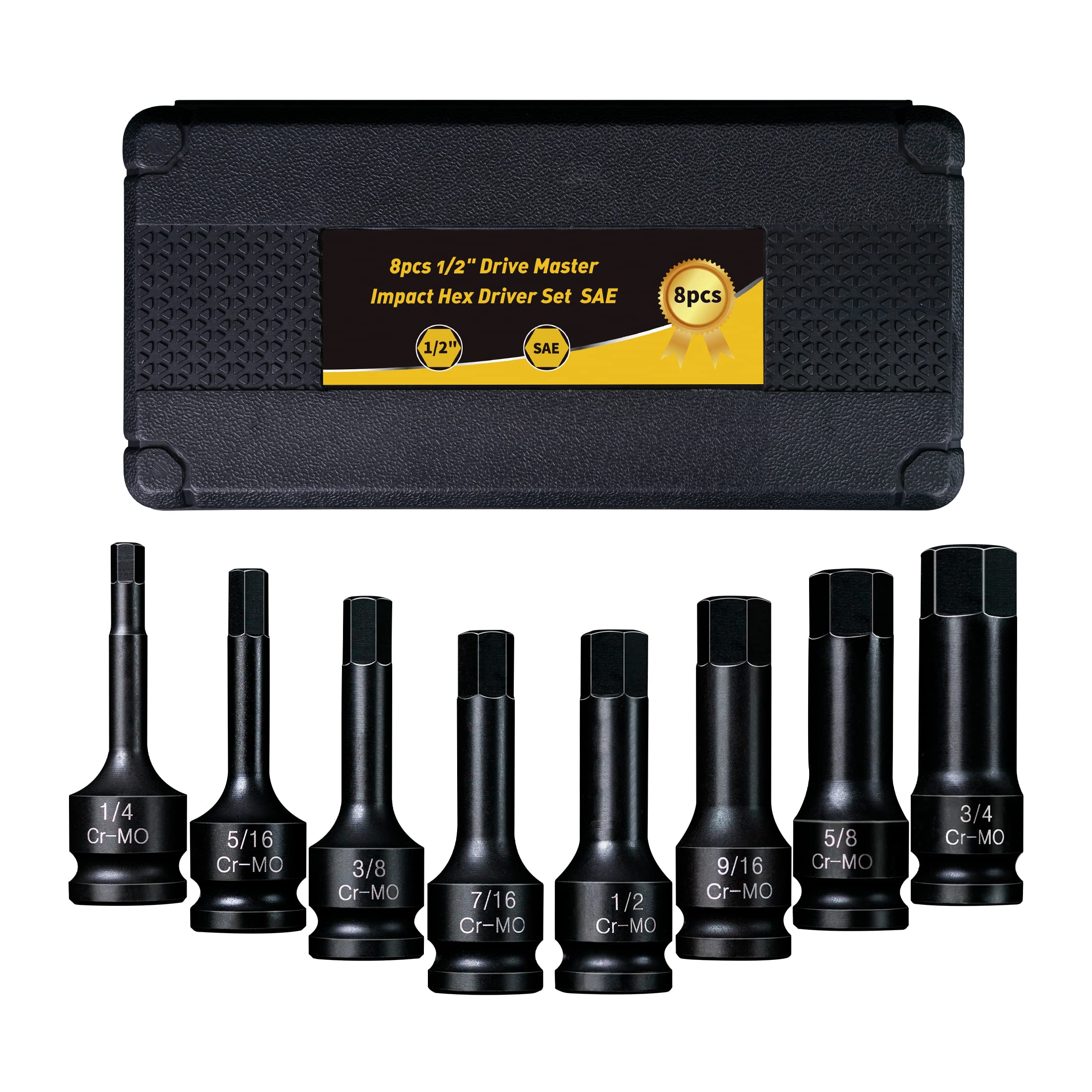 PGROUP 8 PCS 1/2 Inch Drive Allen Impact Socket Set, SAE Hex Socket 1/4" to 3/4", Master Impact Grade Cr-Mo Steel with Heavy Duty Storage Case