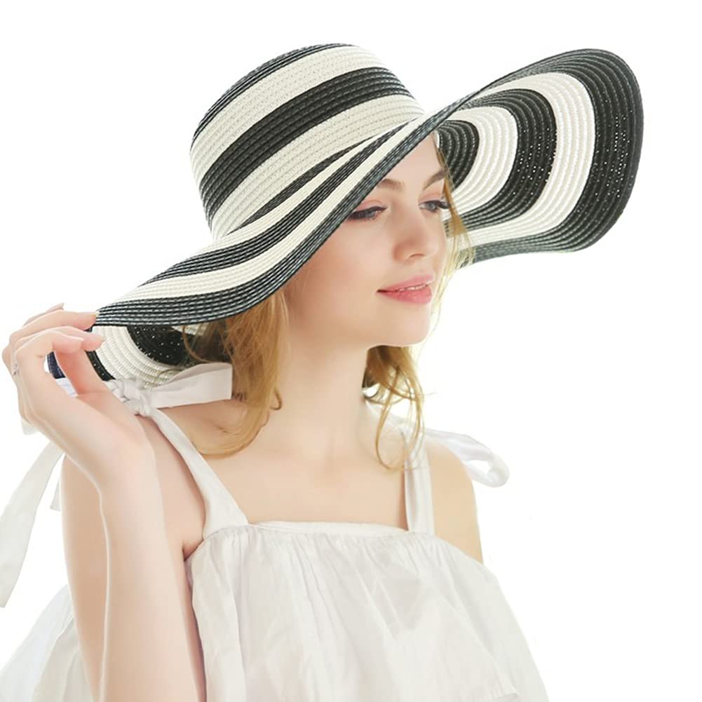 Itopfox Womens Beachwear Sun Hat Striped Straw Hat Floppy Big Brim Hat Black,One Size(22inch-22.8inch Circumference)