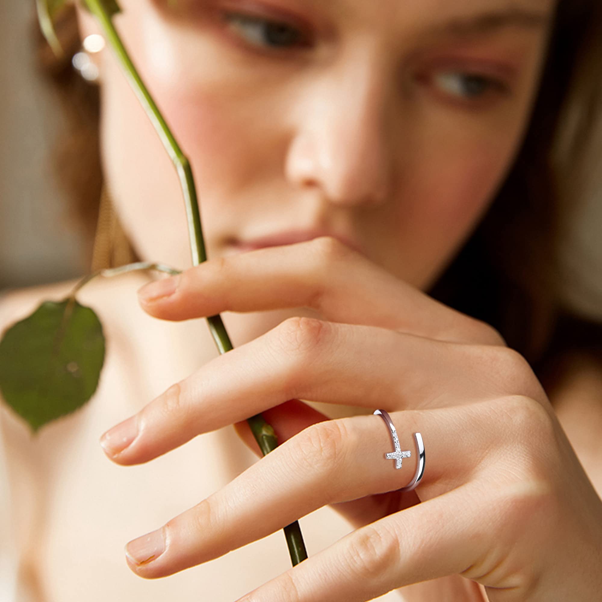 MUSECLOUD 925 Sterling Silver Cross Ring for Women Dainty Open Christian Ring Birthday Christmas Religious Jewelry Gift Simple CZ Cross Adjustable Ring
