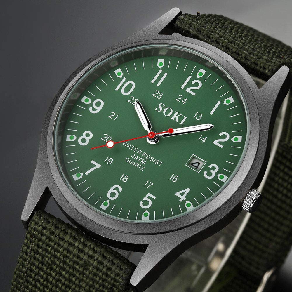 JewelryWe Men's Military Green Dial Nylon Strap Quartz Calendar Wrist Watch Night Vision Luminous Wristwatch for Father's Day