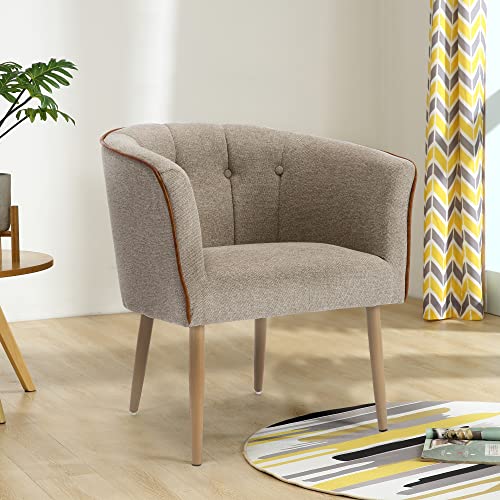 LSSBOUGHT Stylish Upholstered Button Tufted Fabric Living Room Accent Chair with Solid Wood Legs and Armrest (Beige)