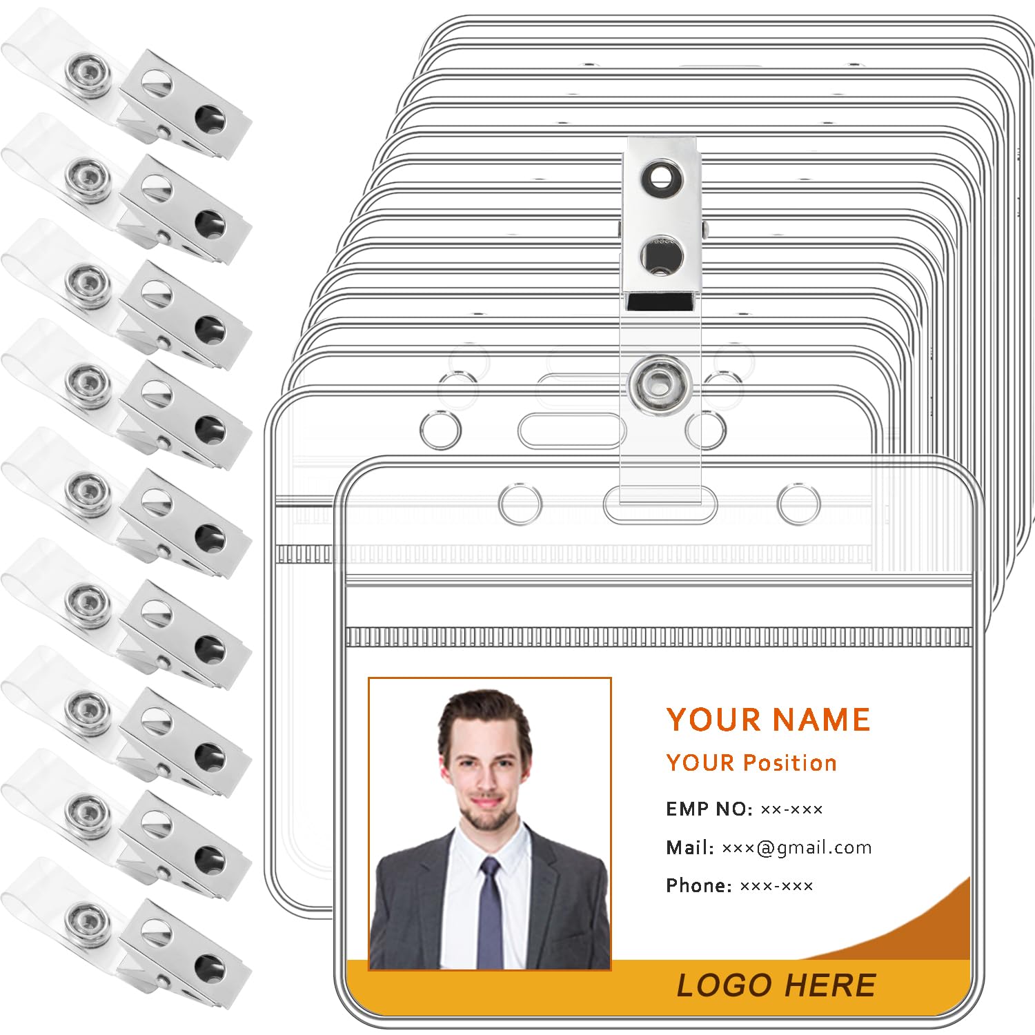 kioooki 50 Pcs Badge Holders with Clip Extra Thick Clear Name Badge Holders Card Holder Plastic Horizontal Name Tag Holder with Waterproof Resealable Zip