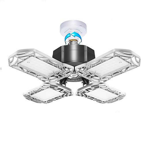 LED Garage Lights Deformable 120W, Upgrade 4 Panels Adjustable E26 LED Garage Ceiling Light with Holder, 50000 Hours Life, 6000-6500K, 360° Area LED Lighting for Shop, Barn, Warehouse & Commercial