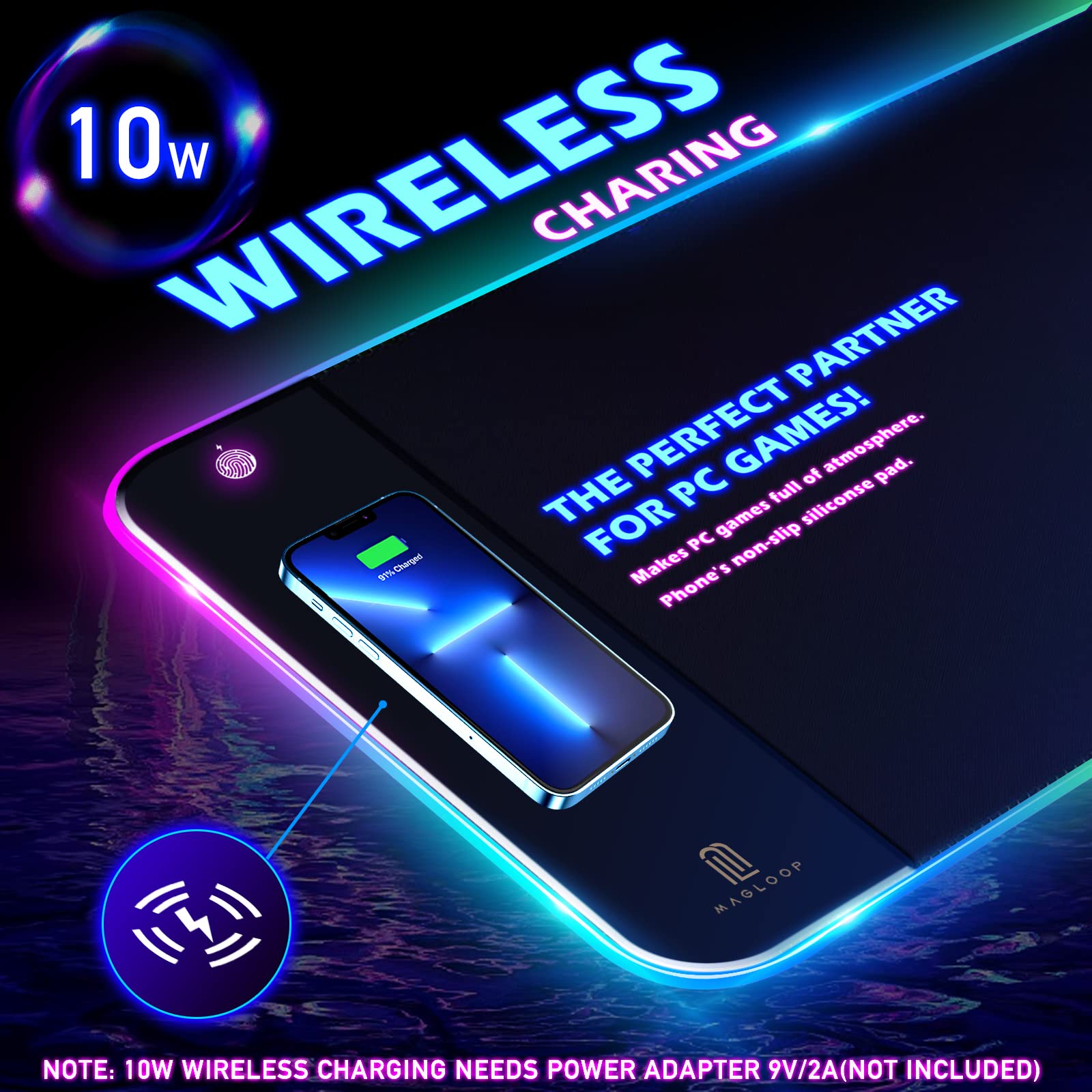 MagLoop Wireless Charging RGB Mouse Pad 10W, LED Mouse Pad with Wireless Charging for Gaming, Gaming Keyboard Pad with 10 Light Modes and Non-Slip Rubber Base(800x300x4mm)