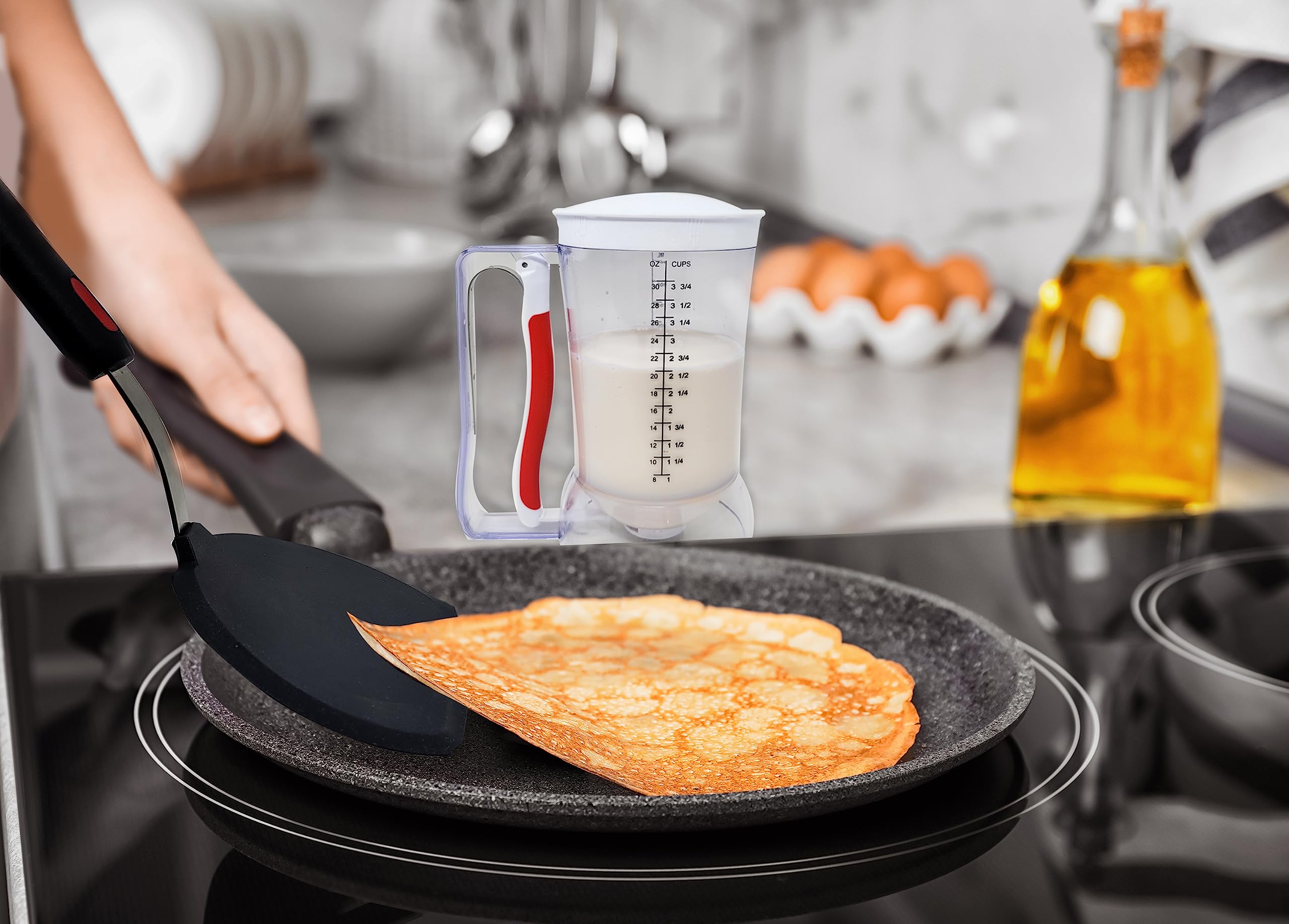 Silicone Pancake Spatula | Wide Beveled Edge Flipper with Stainless Steel Curved Handle | Heat Resistant Non-Stick Cooking