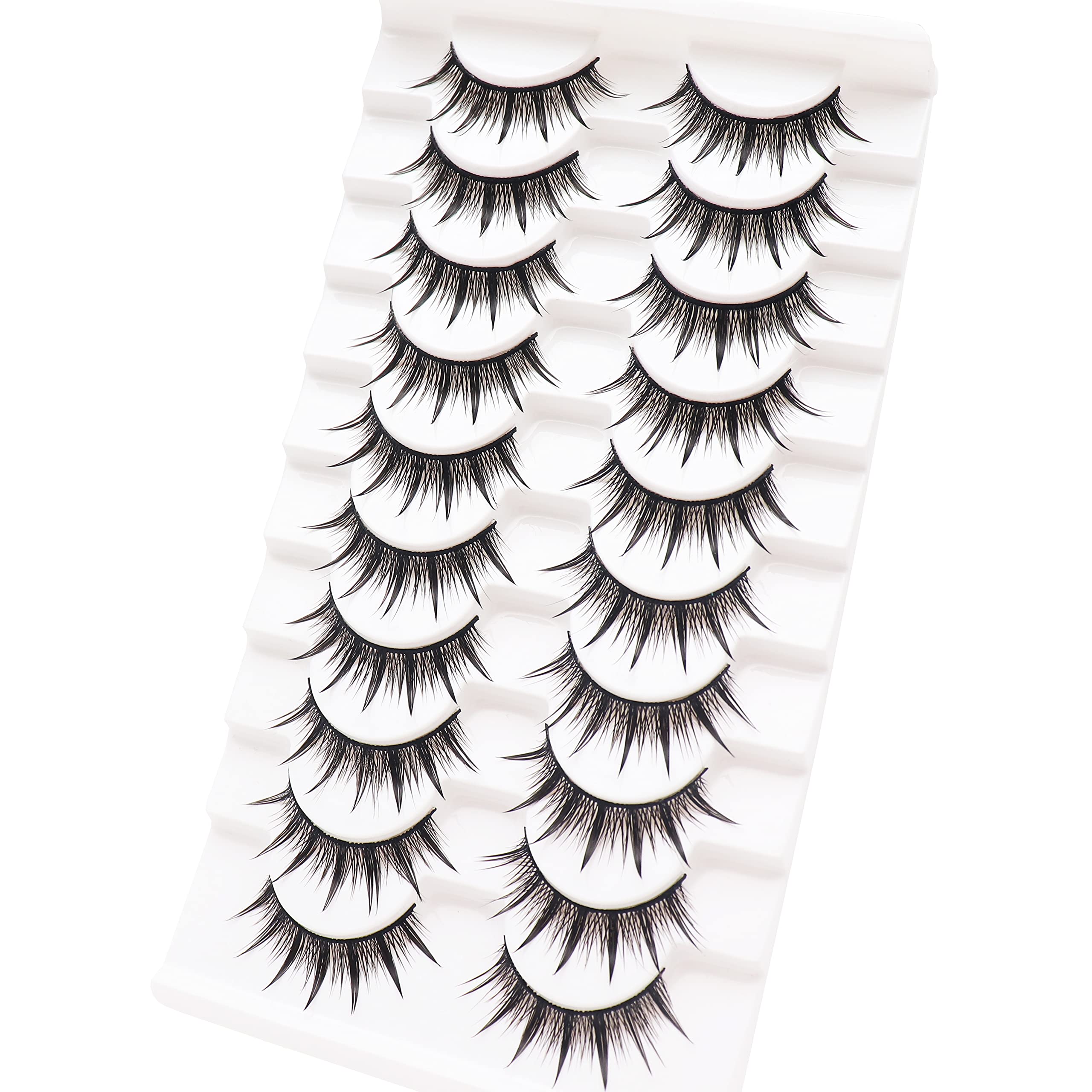 Losha Lashes Spiky False Eyelashes 16mm Wispy Manga Lashes Natural Wet Look 10 Pairs Reusable Fake Eye Lashes Pack (01)