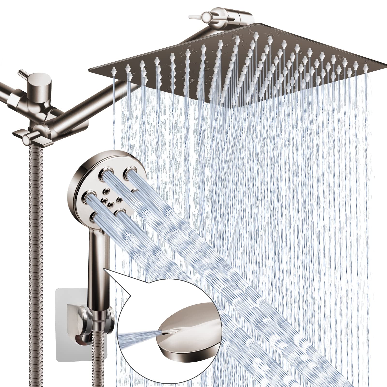 Shower Head Brushed Nickel, 10" High Pressure Rain Shower Head and 6 Spray Settings Handheld Shower Head Combo, Built-in Power Wash, with 11ââ Extension Arm/60" Hose, Height/Angle Adjustable