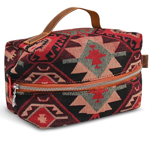 RUBICONS Cosmetic Handbag Makeup Organizer Purse Travel Toiletry Zipper Pouch for Women Red Boho Cotton Case (Red Boho)