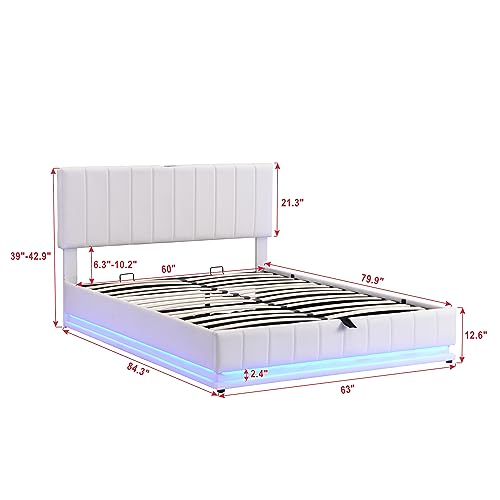 SIYSNKSI Queen Size Upholstered Bed with Hydraulic Storage System and LED Light, PU Leather Upholstered Platform Bed Frame with Adjustable Headboard and USB Ports for Kids Teens Adult Bedroom