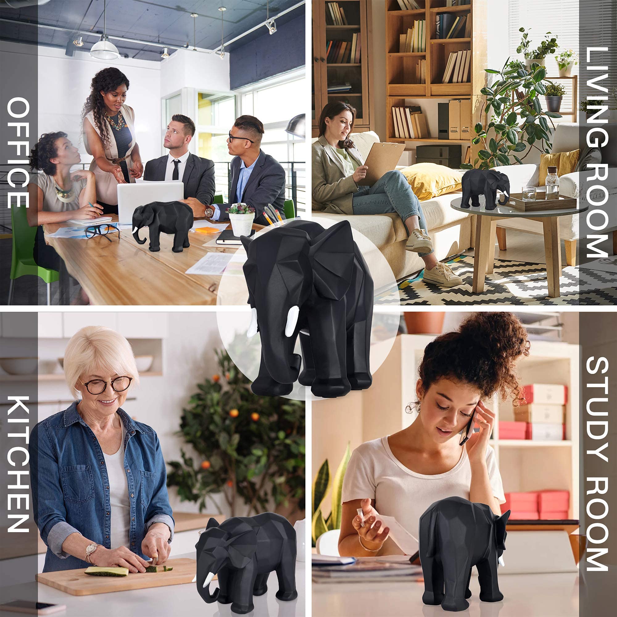 maashu Home Décor Elephant Statue, Interior Design Modern Figurine, Black Geometric Boho Chic Hand Sculpture, Large Good Luck Feng Shui Outdoor Garden Animal, Smooth Texture with Matte Finish