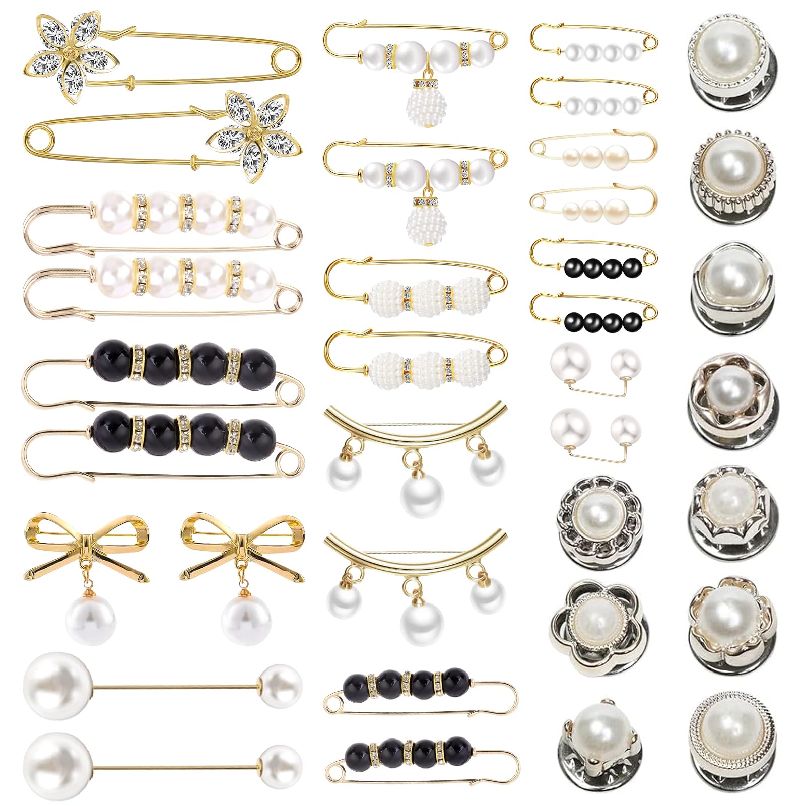 YOGEYOGE 36 Pcs Pearl Brooch Sweater Shawl Hat Safety Pin, Faux Pearl Safety Brooch, Waist Decoration for Women, Tightening Pearl Safety Pin for Women Scarves, Jackets, Tops, Jeans and Dresses