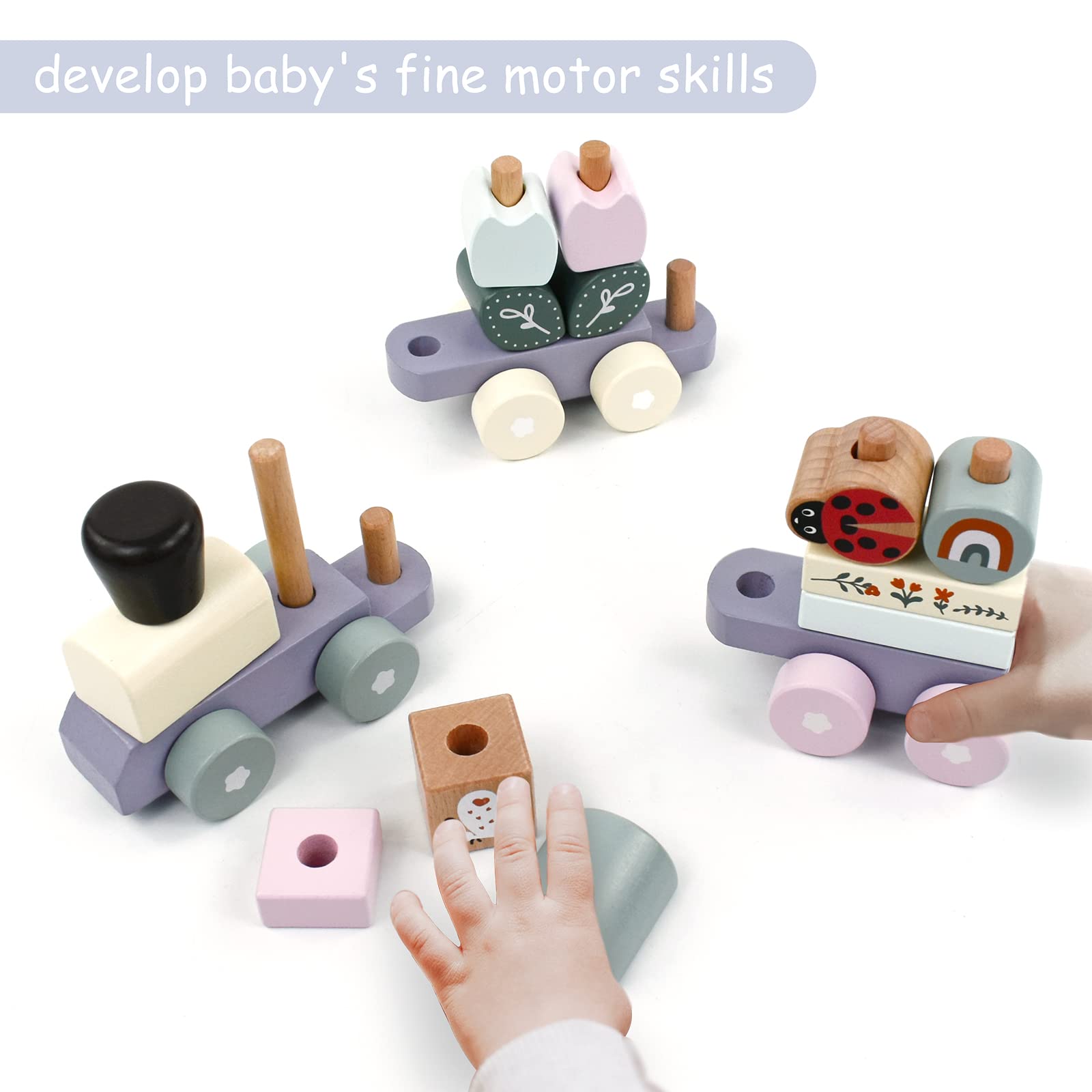 Pillowhale Wooden Stacking Train Toy Set,Wooden Building Blocks Train with Shape Sorter Early Learning Gift for Toddlers Boys Girls 12 Months and up