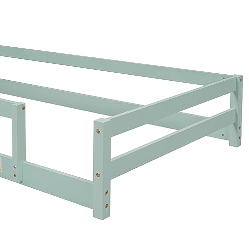 SIYSNKSI Twin Size Platform Bed, Wooden Platform Bed Frame with House-Shaped Headboard, Floor Bed with Fences for Kids Boys Girls Bedroom, Easy Assembly (Light Green + Pine 04)