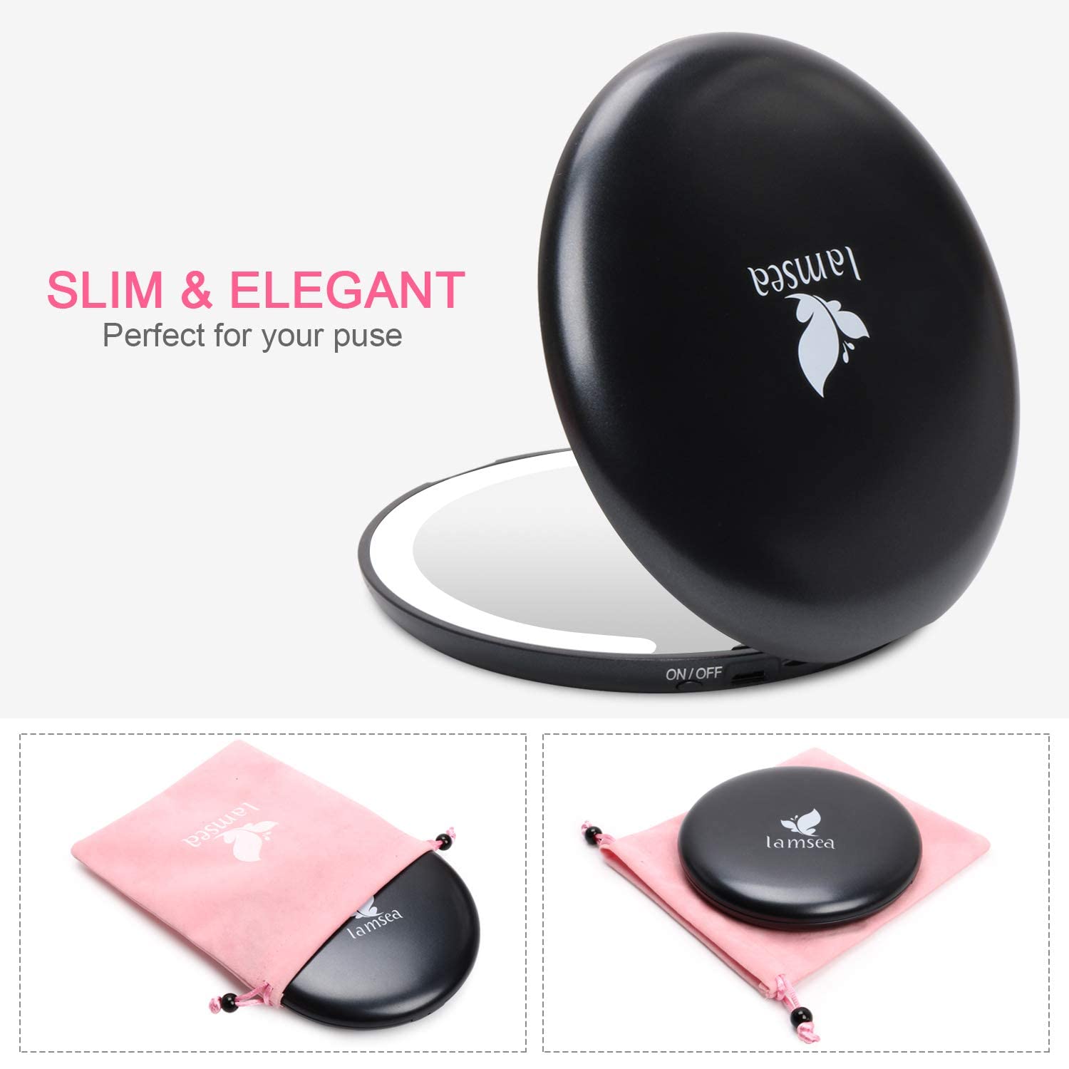 LED Lighted Travel Makeup Mirror Foldable, Dual Sided Vanity Mirror with Lights Portable Compact Illuminated Folding Tabletop Cosmetic Mirror, 1x/5x Large 4.9β Handheld Magnification Pocket Mirrors