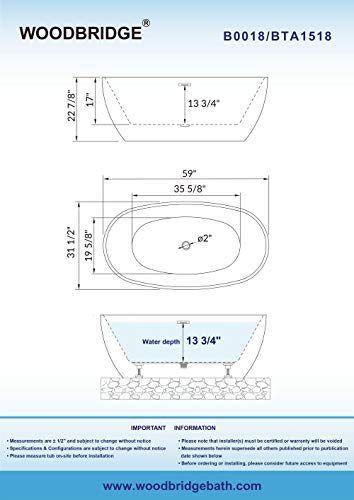 WOODBRIDGE 59"Freestanding White Acylic Soaking Bathtub with Brushed Nickel Drain and Overflow,BTA1518 -B/N-Drain &O