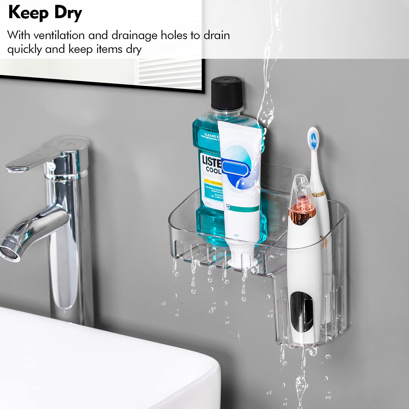 Lunmore Kitchen Sink Caddy, Plastic Sponge and Brush Holder, Adhesive Sink Organizer for Bathroom, Kitchen (Transparent)