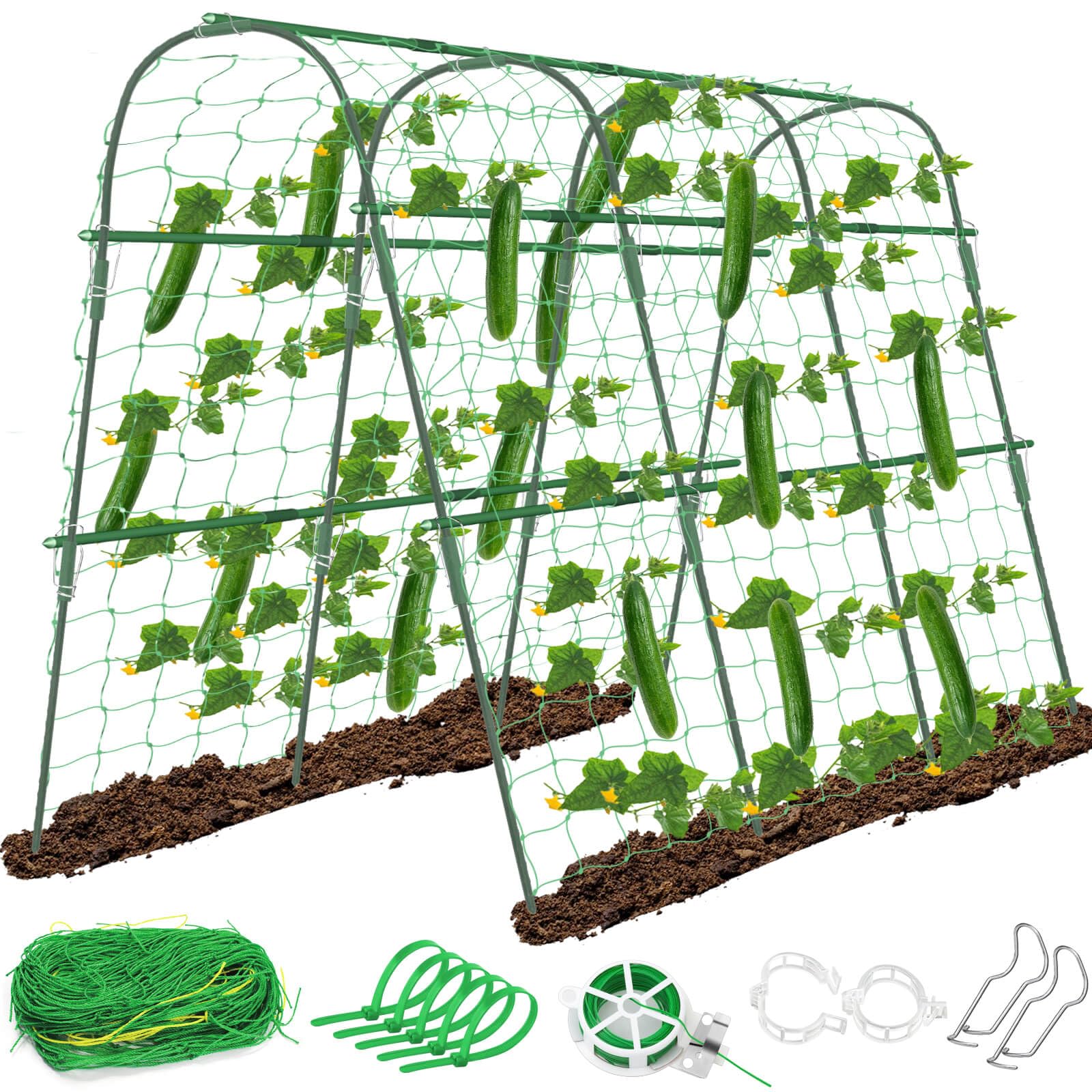 Tetutor Cucumber Trellis for Raised Beds, 63 x 45 Inch U-Shaped Garden Trellis for Climbing Plants Outdoors with Climbing Net, Metal Detachable Arch Plant Support Vegetable Trellis