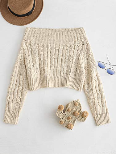 ZAFUL Women Off Shoulder Cable Knit Crop Tops Sweater Long Sleeve Cropped Pullover Sweaters Batwing Jumper