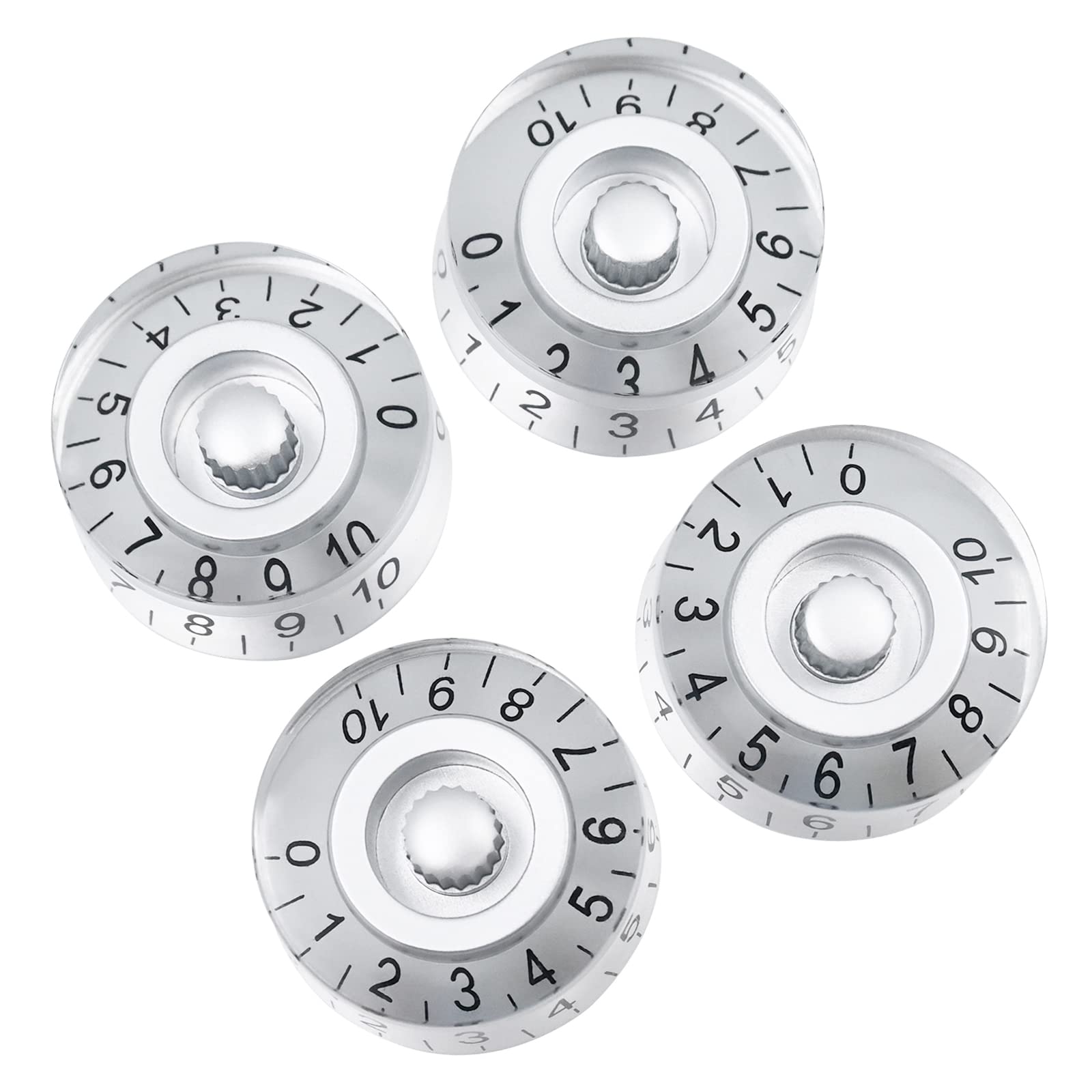 Micovay 4pcs Volume Tone Speed Control Knobs Hat Shape for Les Paul LP Style Bass Electric Guitar Parts, Transparent Silver with Black Numbers