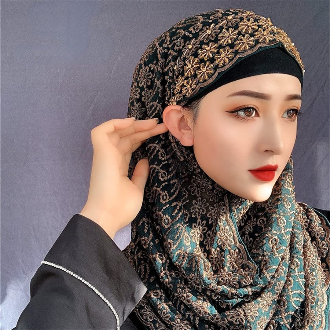 Muslim Luxury Silk Hijabs Embroidery Head Scarf Concealed Buckle Headscarf Diamond Head Wrap Arab Pink