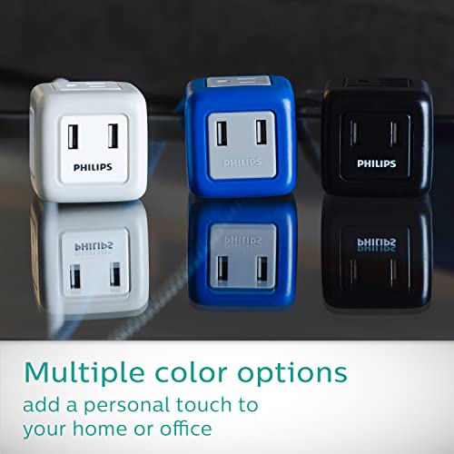 Philips Accessories 3-Outlet Extension Cord Cube with 2 USB-A Ports, 10 Ft Extra-Long Power Cord, Outlet Extender, Braided Cord, Space-Saving Flat Plug,2.4A, Rubberized Finish,Blue/Gray,SPS3102DB/37