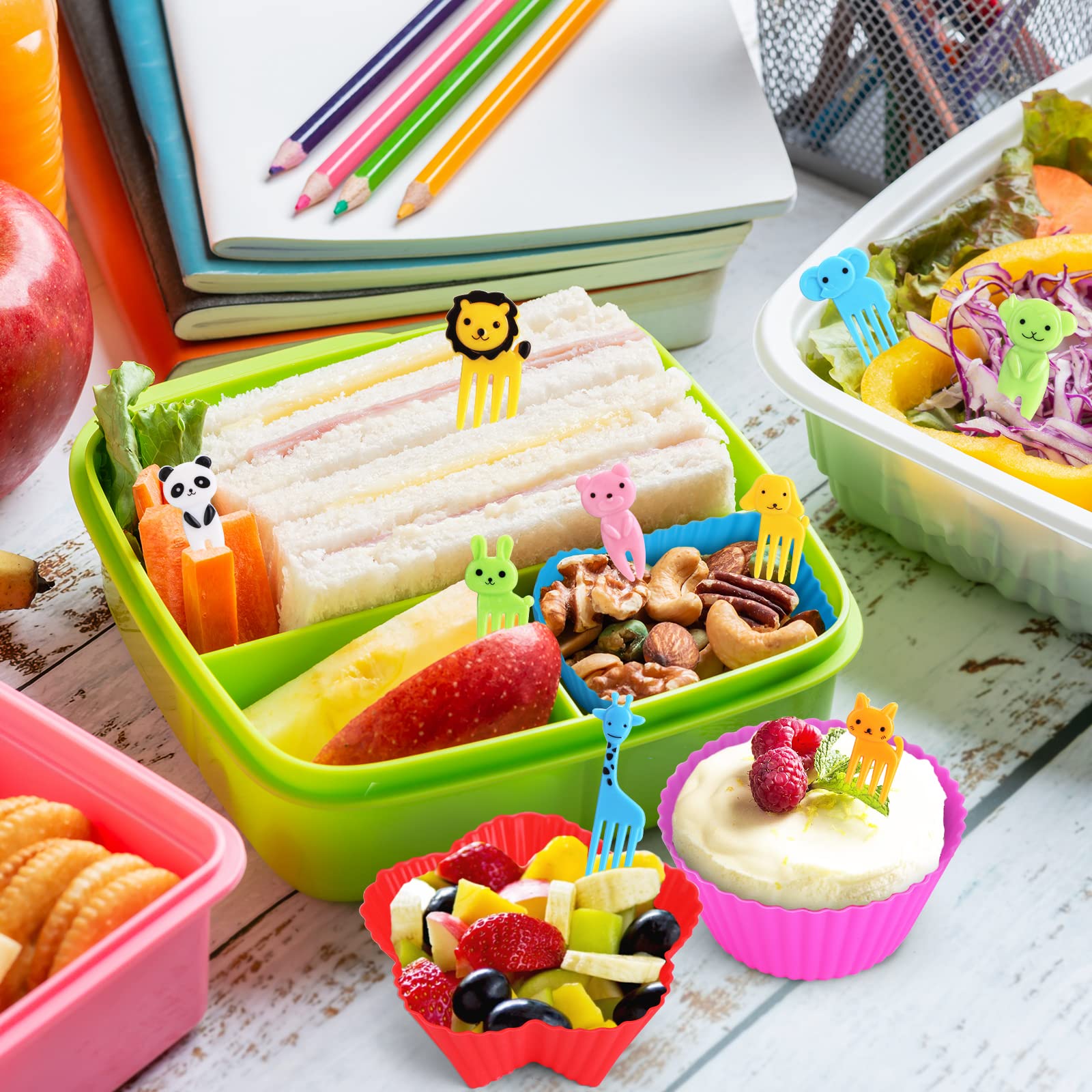 Piklodo 80Pcs Slicone Lunch Box Dividers, 60Pcs Silicone Dividers and 20Pcs Fruit Food Picks, Reusable Lunch Box Divider Inserts Multicolor Silicone Cupcake Liners Lunch Accessories