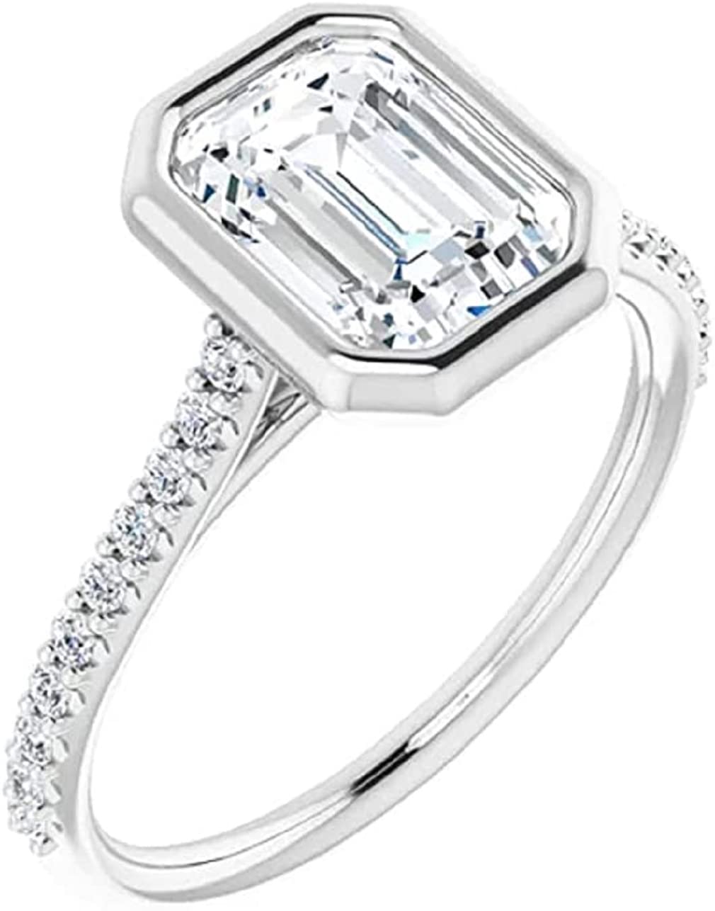 Moissanite World 2.0 CT Emerald Cut, Colorless Moissanite Engagement Ring, Wedding/Bridal Ring Set, Solitaire Halo Style, Solid Sterling Silver Vintage Anniversary Promise Rings (6)