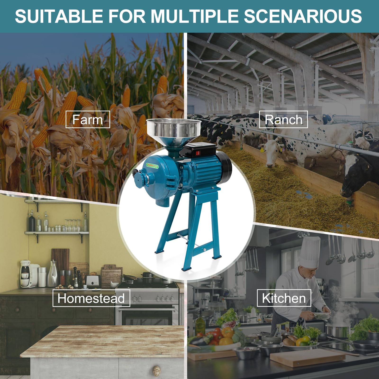 NAIZEA Grain Mills Wet Dry Cereals Grinder, Electric Grain Mill Grinder Corn Mill, Heavy Duty 3000W 110V Commercial Grain Grinder Machine, Wheat Feed Mill Flour Mill with Funnel (Dry & Wet Grinder)
