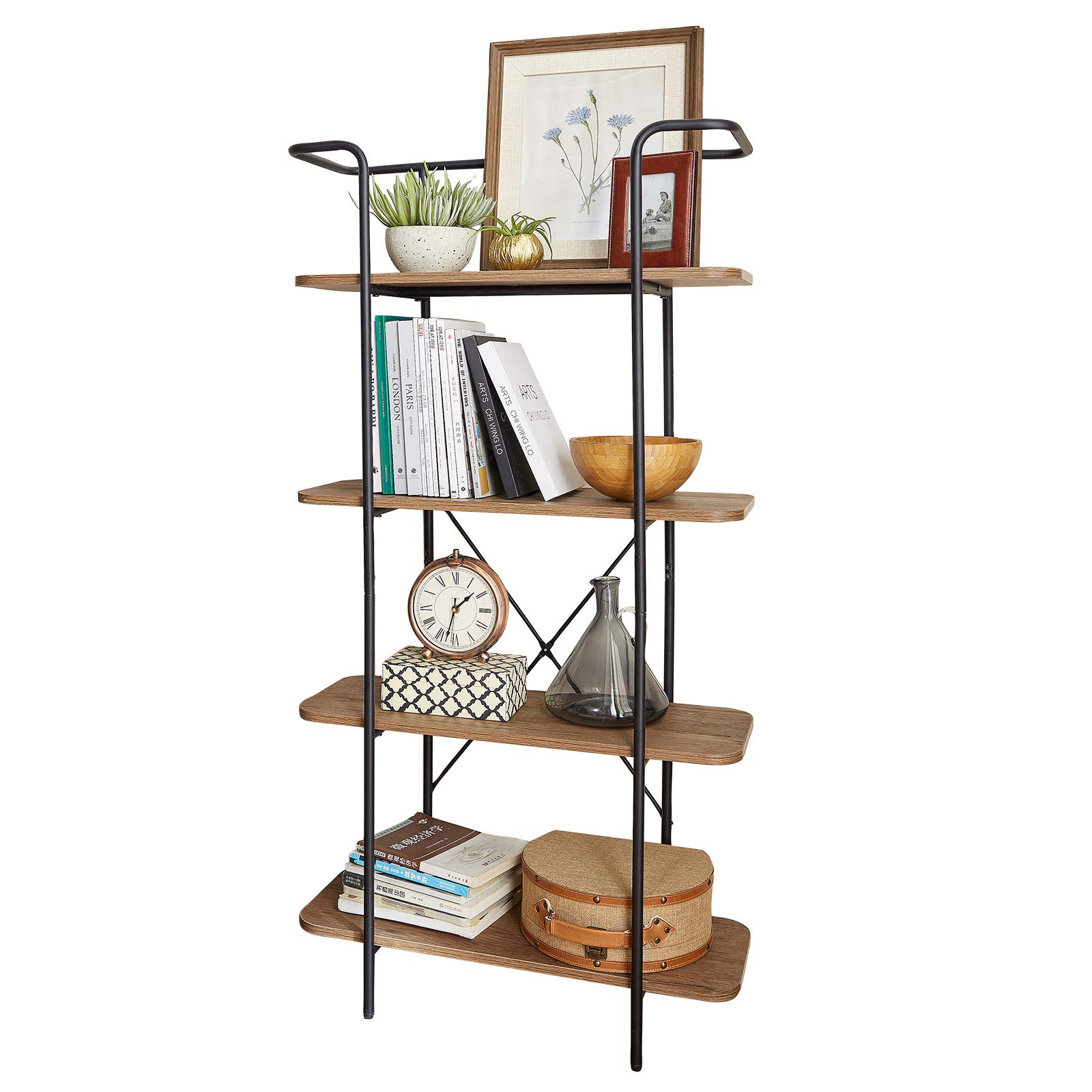 LINSY HOME Bookshelf, 4-Tiers Ladder Bookcase for Storage, Display Shelf for Bedroom and Living Room, Rustic Oak Finished