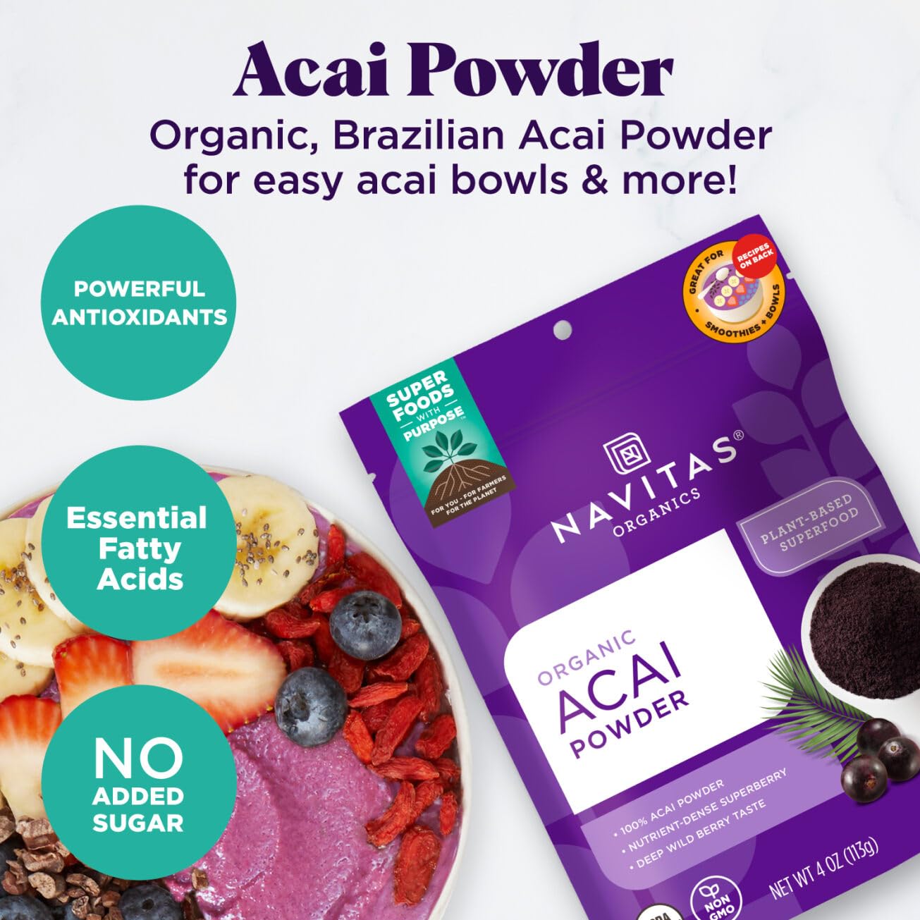 Navitas Organics Acai Powder, 4oz. Bag 38 Servings — Organic Non-GMO, Freeze-Dried, Gluten-Free
