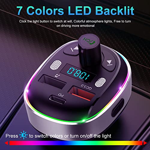 LUPATDY Bluetooth 5.3 FM Transmitter Car Adapter with Dual Mics and Noise Cancellation, 7Colors Light, HiFi Bass Sound, QC &PD Fast Charging AUX Car Bluetooth Wireless Stereo Audio
