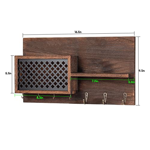 Wooden Key and Mail Holder for Wall Decorative-with 7 Key Hooks and A Floating Shelf Includes Letter Holder and Hooks for Coats, Dog Leashes β Rustic Home Decor for Entryway or Mudroom,Kitchen,Office