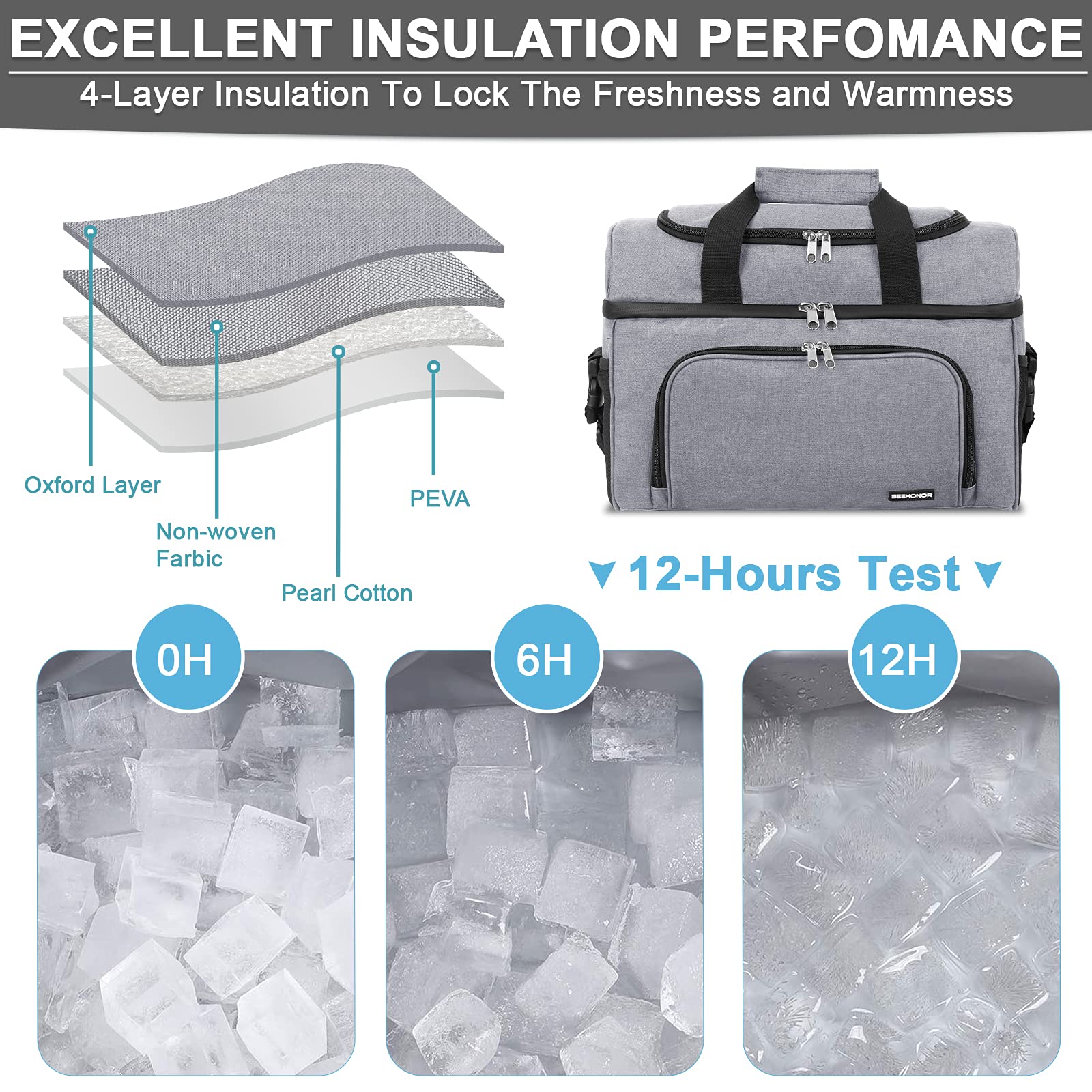 Insulated Large Cooler Bag SEEHONOR Collapsible 36-Can Coolers, Portable Dual Compartment Leakproof Soft Cooler Bag for Camping, Picnic, Beach and Hiking