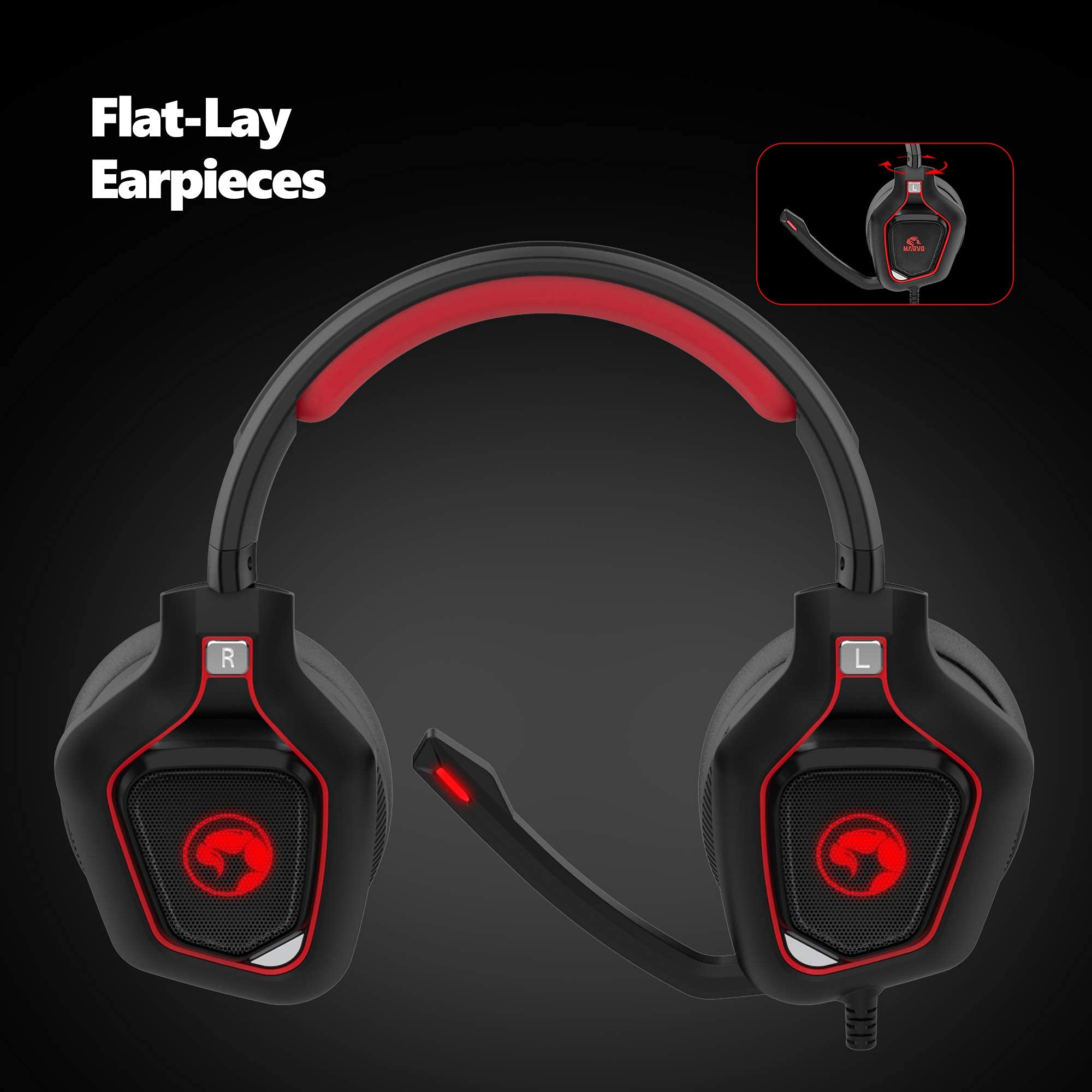 MARVO Gaming Headset with Microphone for Xbox One, PS4/5, PC, Gaming Headphones with 3D Stereo Sound, LED Light, USB + 3.5mm Jack, Comfortable Leather Ear Pad
