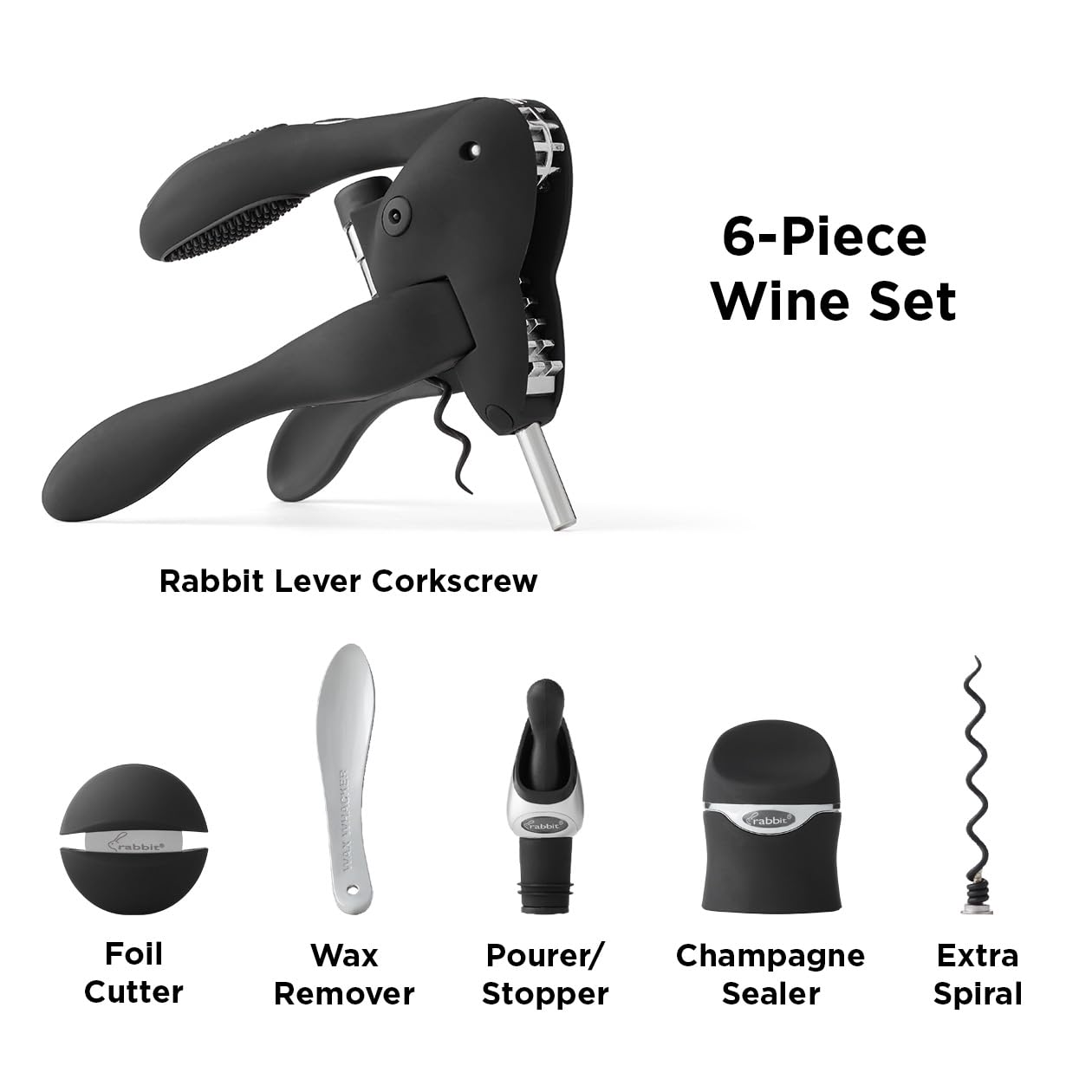 Rabbit 6-Piece Wine Opener Tool Kit, Black