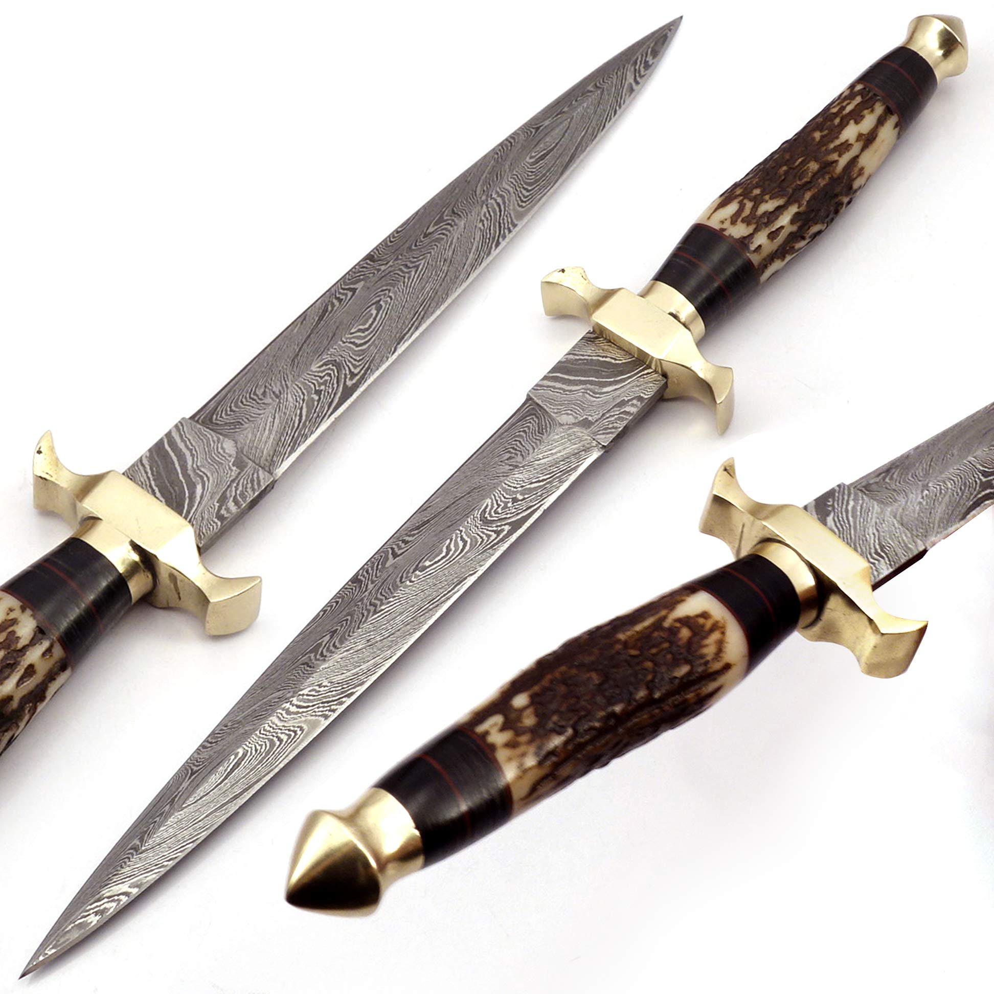 Mid American Cutlery Damascus Steel Fixed Blade Knife With Stag Antler Brass Pommel And Guard