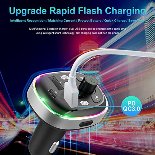 LUPATDY Bluetooth 5.3 FM Transmitter Car Adapter with Dual Mics and Noise Cancellation, 7Colors Light, HiFi Bass Sound, QC &PD Fast Charging AUX Car Bluetooth Wireless Stereo Audio