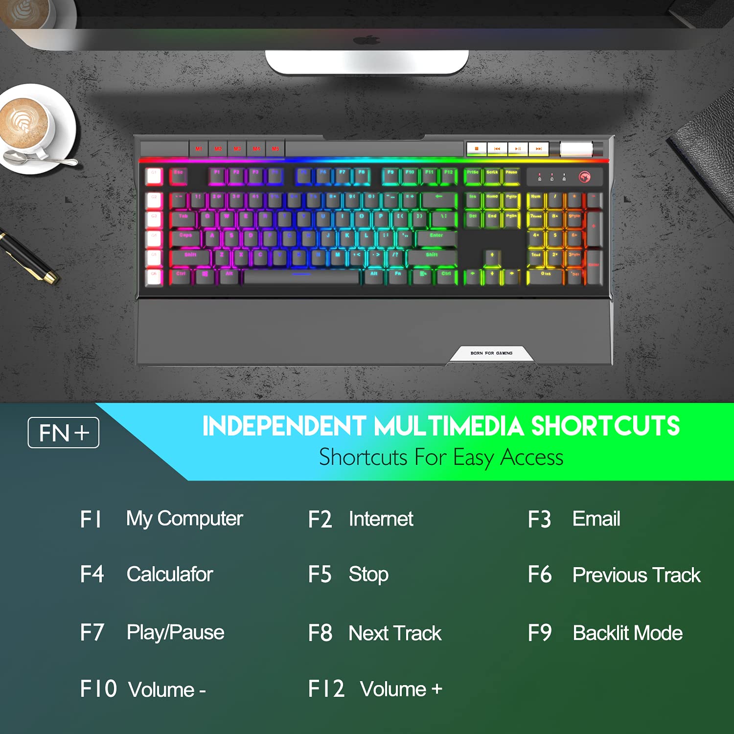 MARVO KG965G RGB Mechanical Gaming Keyboard, 119 Keys Including 6 Macro Keys, Media Control, with Wrist Rest, Blue Switch