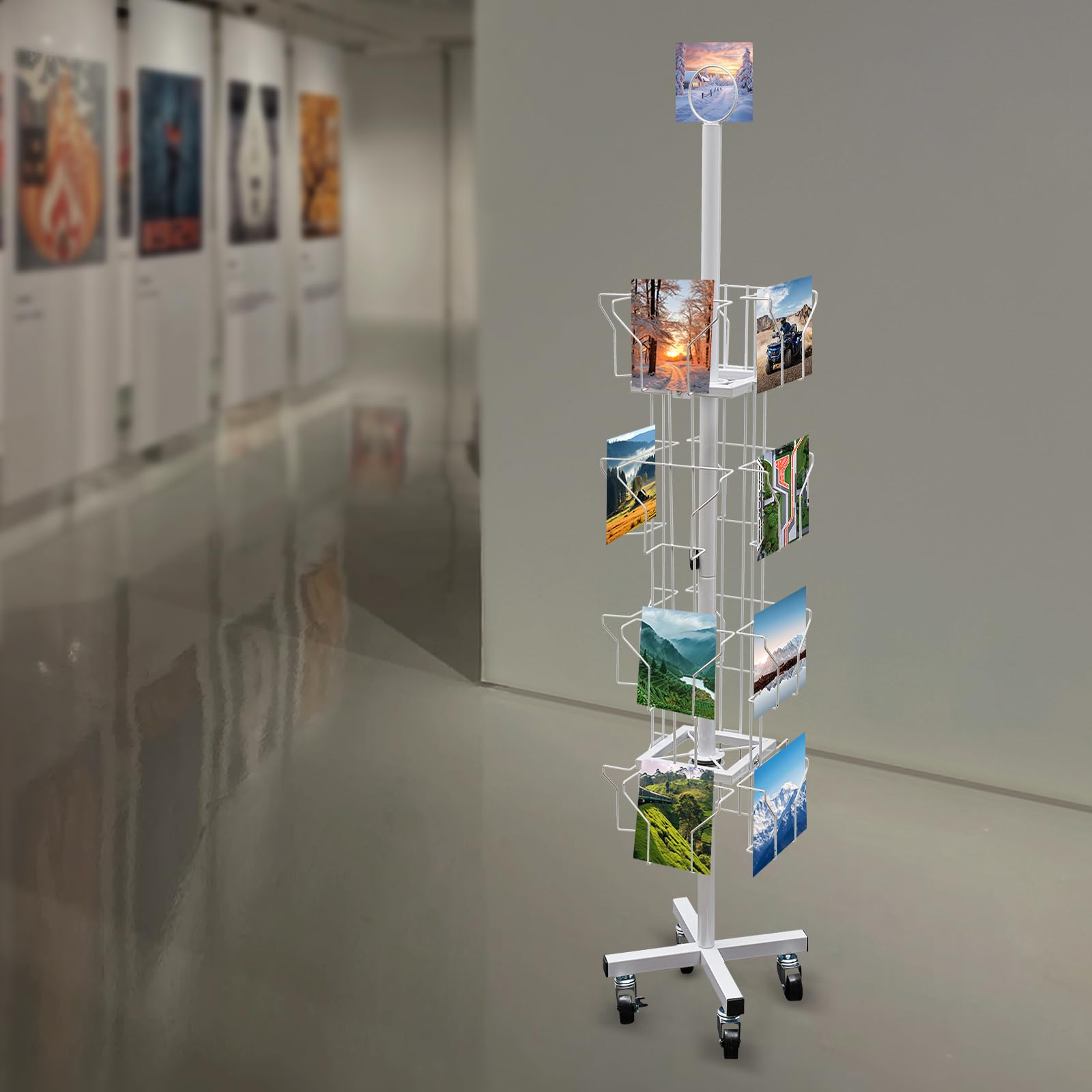 Rotating Greeting Card Display Rack, 4 Tiers Greeting Card Display Rack Christmas with 16 Pockets and 4 Wheels, Rotating Gift Card Display Rack for Vendors, Showcase, Retail, Tradeshow White