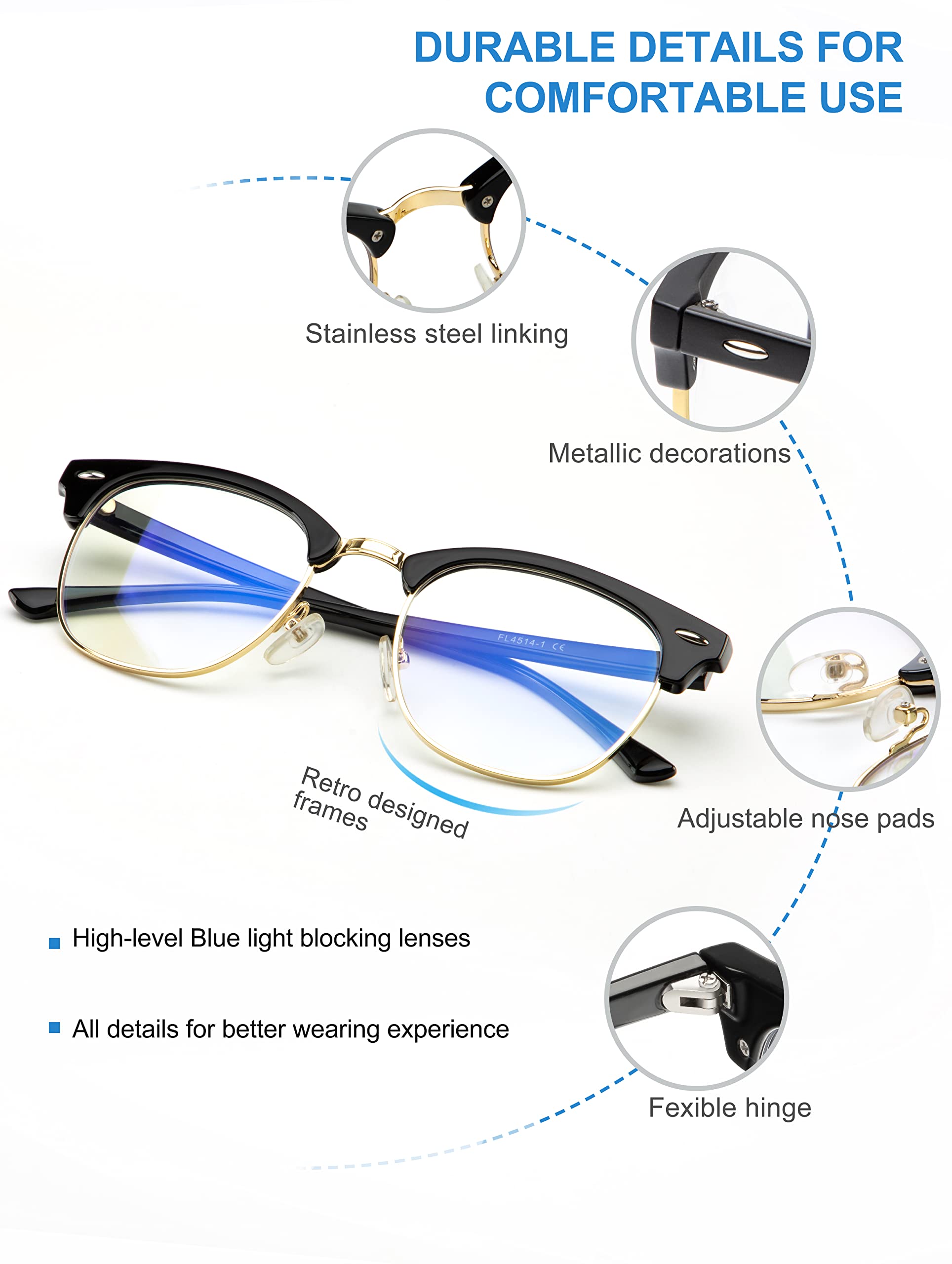 NSSIW Blue Light Glasses for Women and Men, Advanced Computer Glasses, Gaming Glasses, Semi Rimless with Blue Light Blocking, 11 Glossy Black/Golden Rim + Glossy Black/Black Rim, M