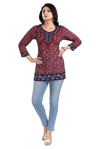 Keshubaba Indian Kurtis for Women Indian Style Crepe Short Kurta Kameez Printed Designs Tunics Tops for Jeans Leggings (Red/X-Large)