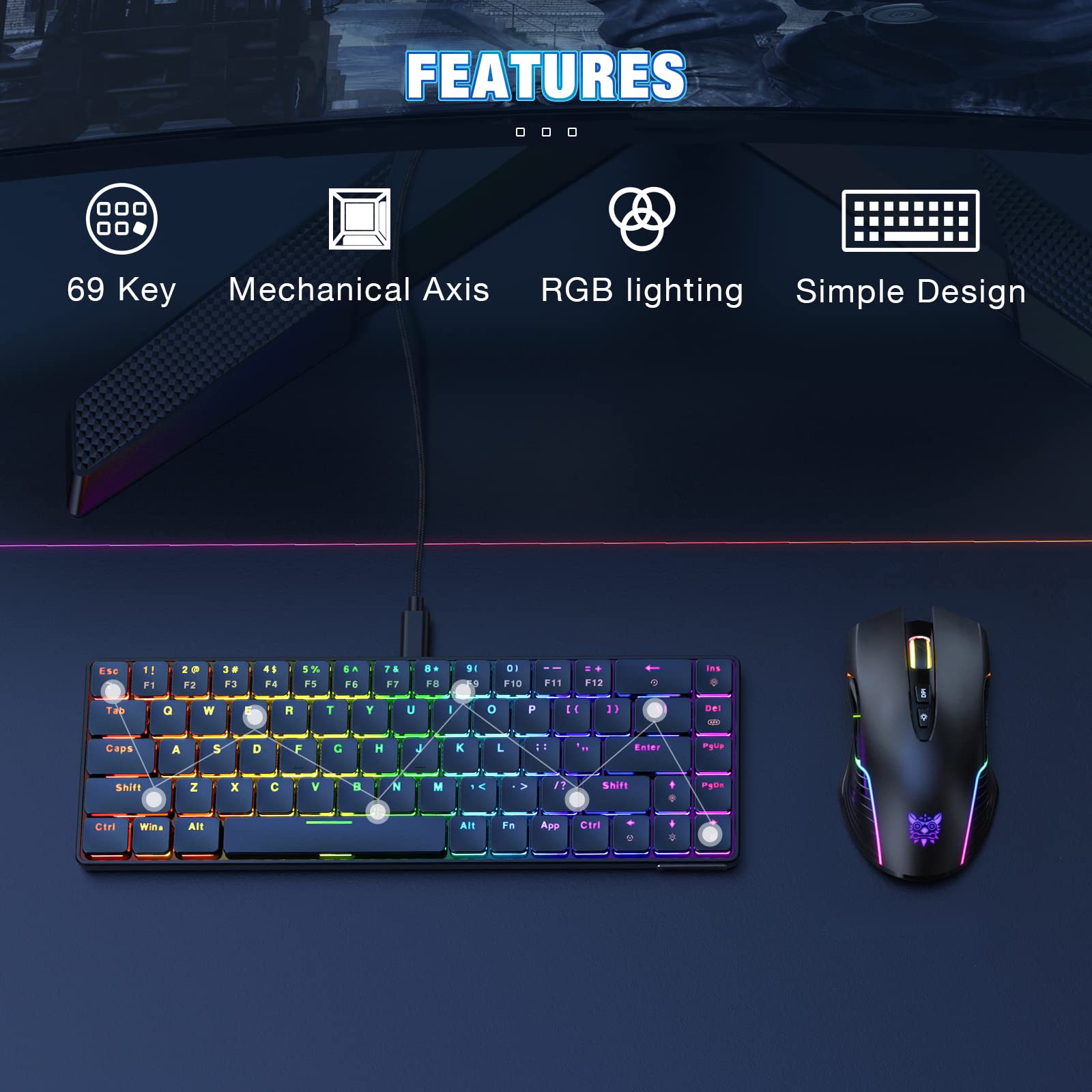 SIMGAL Wired RGB Mechanical Keyboard, Ultra-Thin Low Profile Gaming Keyboard with 69 Keys and RGB Backlight for Mac Windows PC (Red Switch)