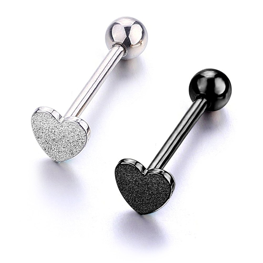 JFORYOU Stainless Steel Metal Tongue Rings Barbells Heart Shape Tongue Body Piercing Jewelry Black and Silver