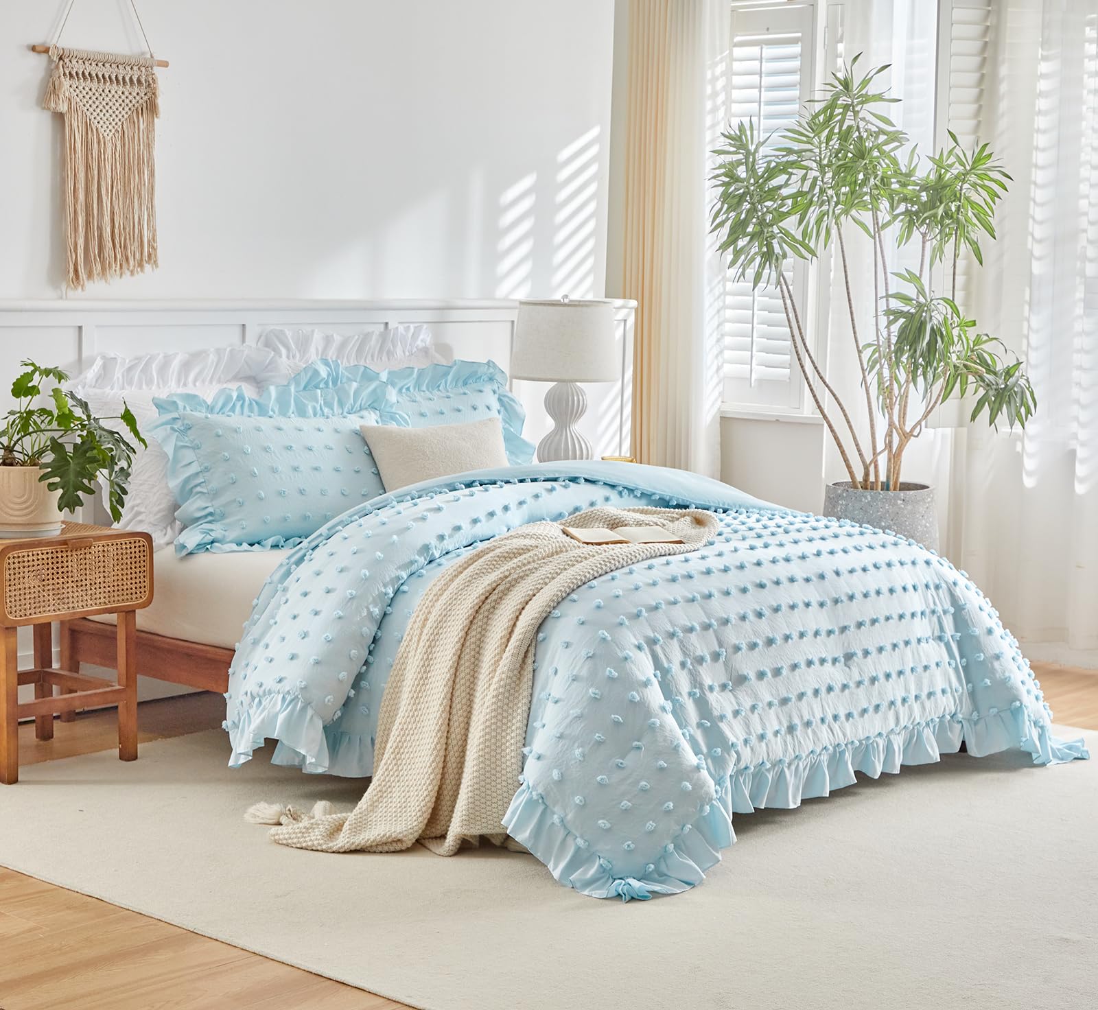 Tufted Dots Ruffle Comforter Set Twin Size, 3 Pieces Blue Ruffled Farmhouse Comforters, Luxury Embroidery Shabby Chic Pom Pom Tufts Boho Bohemian Bedding Set for Kids(1 Comforter + 2 Pillowcases)