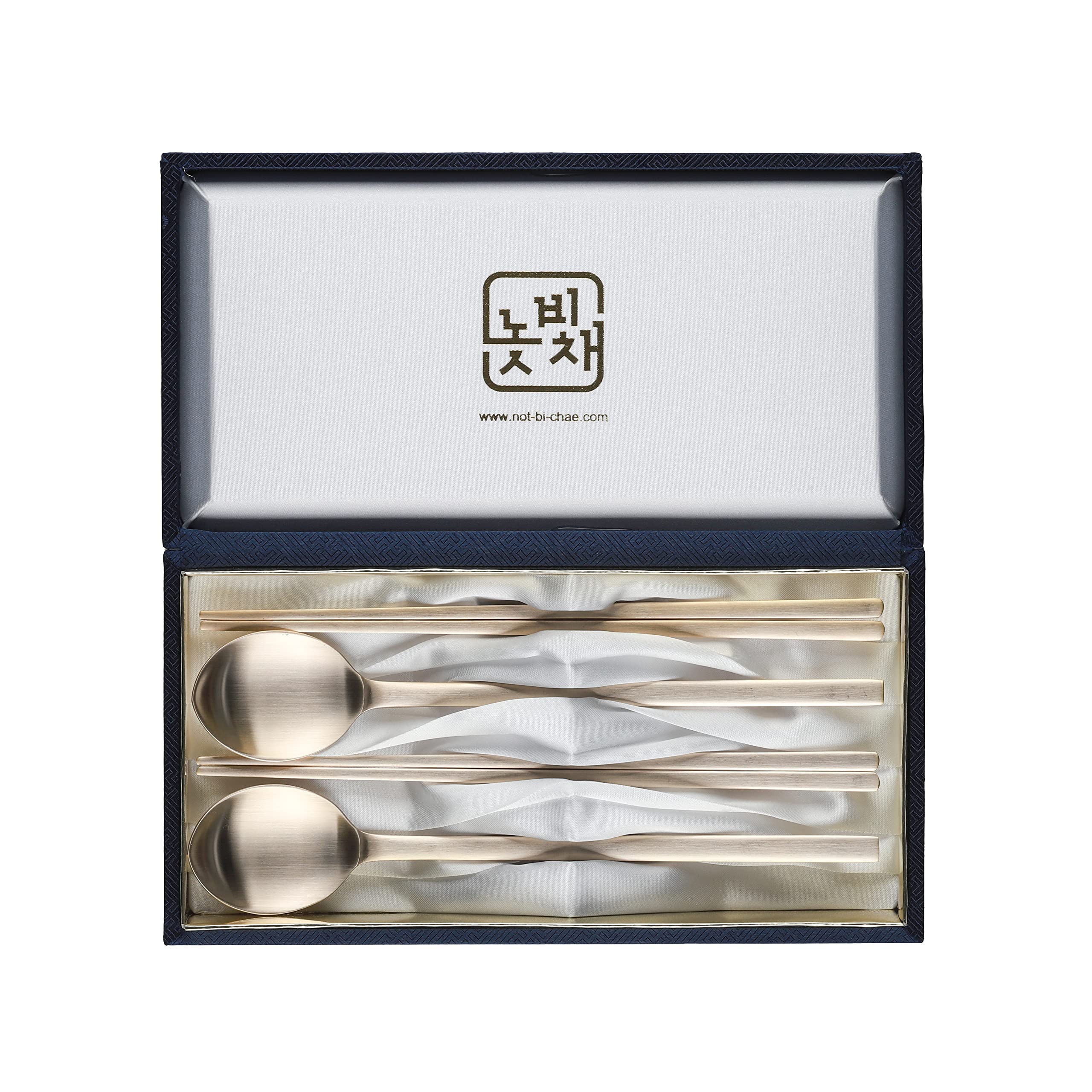 Notbichae Premium Bronzeware Cutlery Spoon Chopsticks Set Korean Traditional Handmade Tableware BANGJJA YUGI with Gift Box 한국 유기 (Traditional Shape Set)